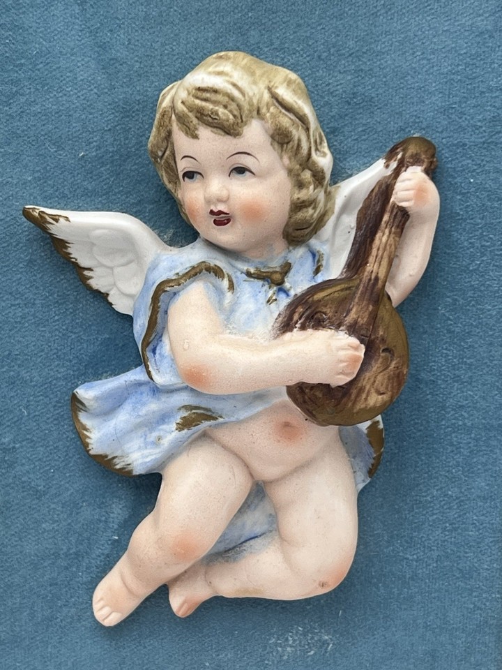 Pair 1972 Cherubs Playing Instruments Mounted on Velvet in Frames Wall ...