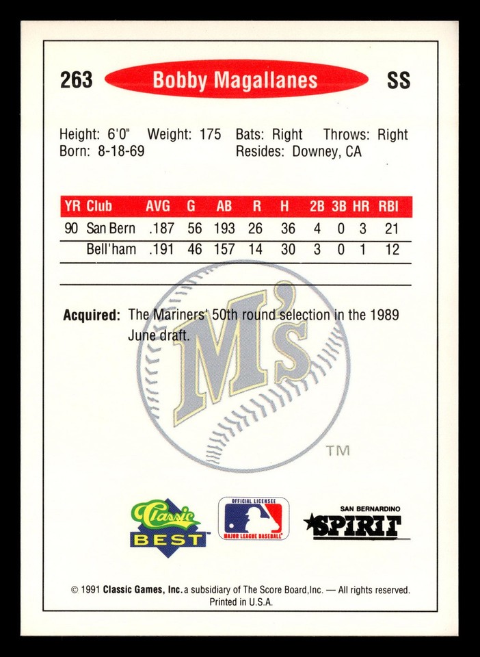 Bobby Magallanes 1991 Classic Best #263 San Bernardino Spirit Minors ...