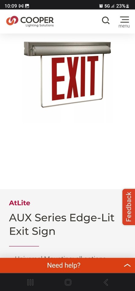 Atlite Cooper Lighting LED Aluminum Red Double Sided Exit Sign ES62RMC ...