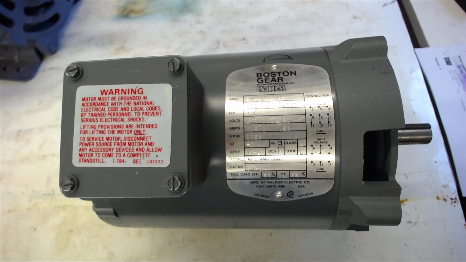Baldor Boston Gear 34-381-895 1/4 Hp Ac Motor 208-230/460 Volts, 1725 ...