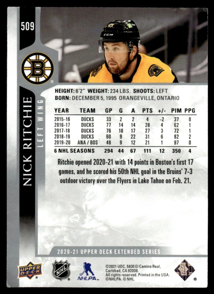 2020-21 UPPER DECK HOCKEY CARD NICK RITCHIE #509 BOSTON BRUINS 5812 | eBay