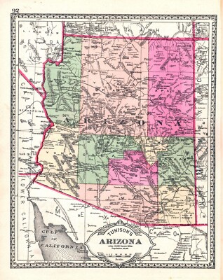 Hand Colored Map - Arizona Territory - Showing Counties - Tunison's ...