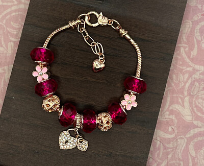 18K Rose Gold Plated Charm Bracelet with Raspberry Beads and Heart ...