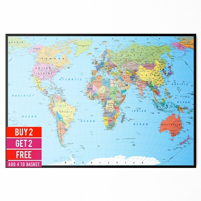 World Map Detailed Educational Geography Poster Art Map poster A5 A4 A3 ...