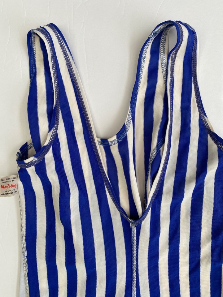 Vintage Speedo Swimsuit 1960s Competition Blue Stripe Nylon Poly White ...