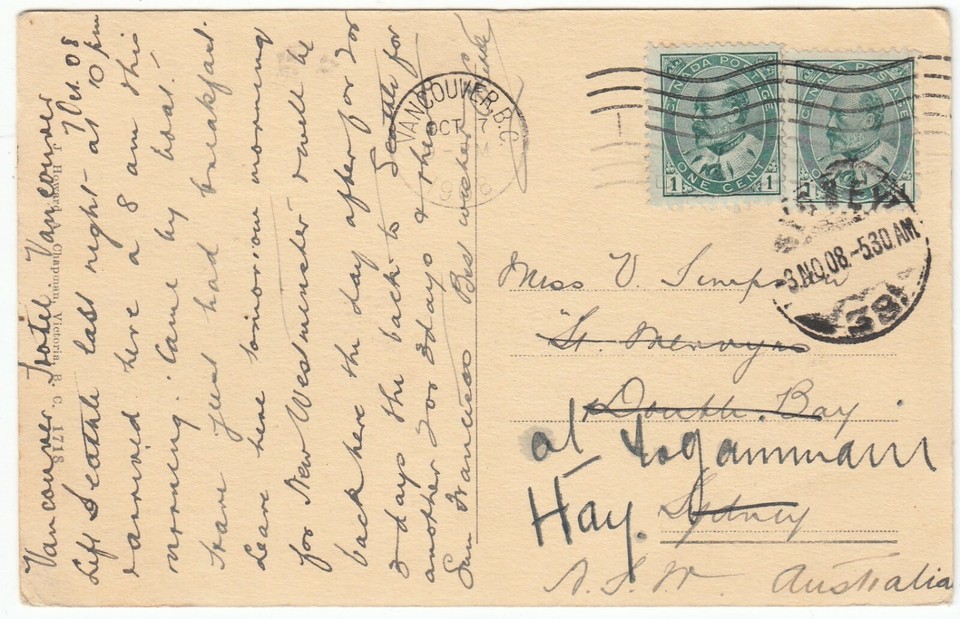 SS Princess Victoria Ocean liner OLD POSTCARD Canada to Australia 1908 ...