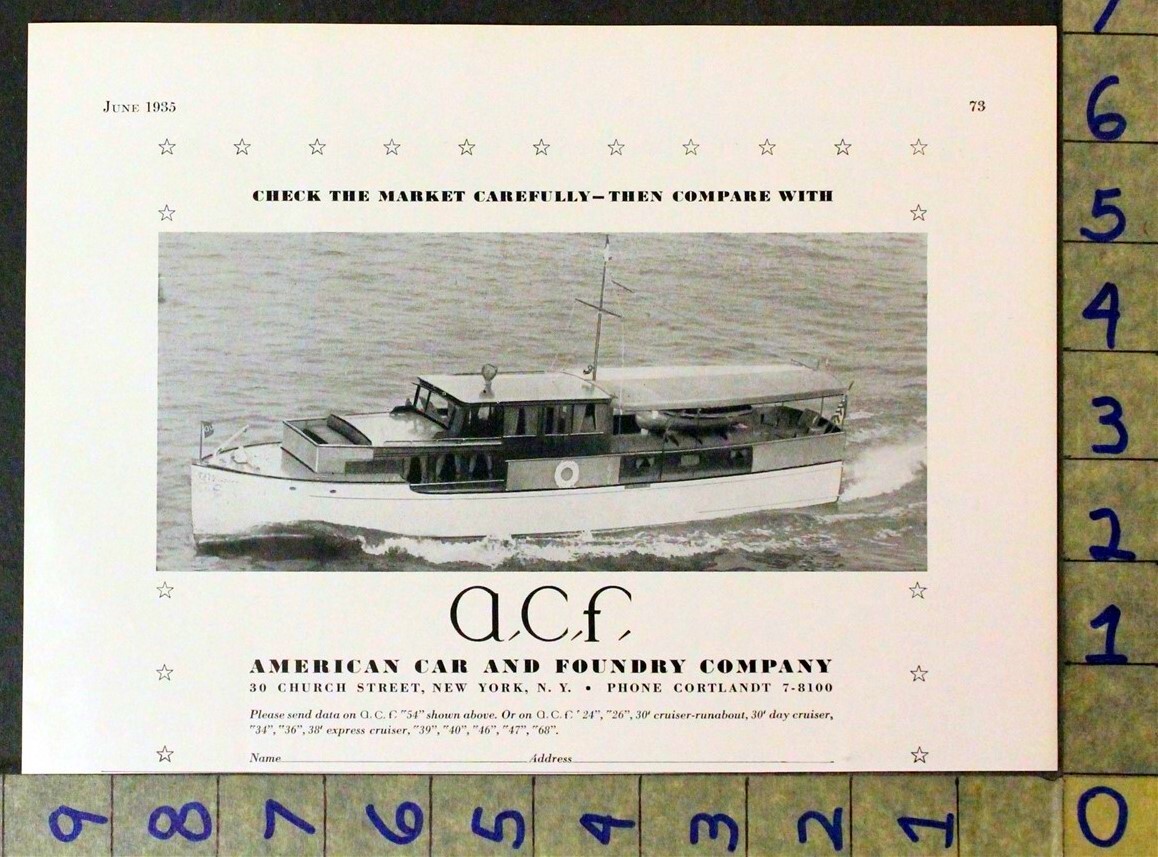 1935 BOATING NAUTICAL ACF AMERICAN CAR FOUNDRY CRUISER WATERCRAFT AD A ...