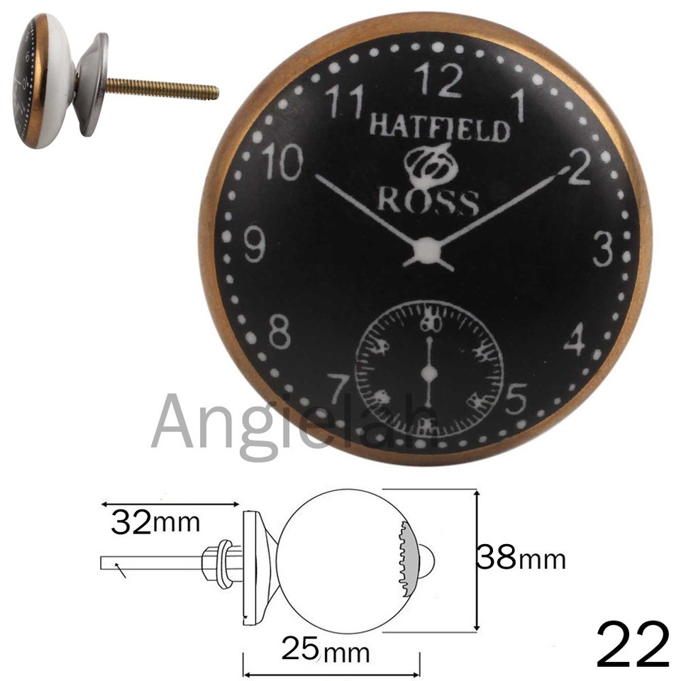 CLOCK FACE Door Knobs Vintage Shabby Chic Ceramic Handles Cupboard ...