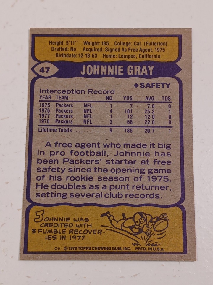 Johnnie Gray Green Bay Packers 1979 Topps Card #47 | eBay