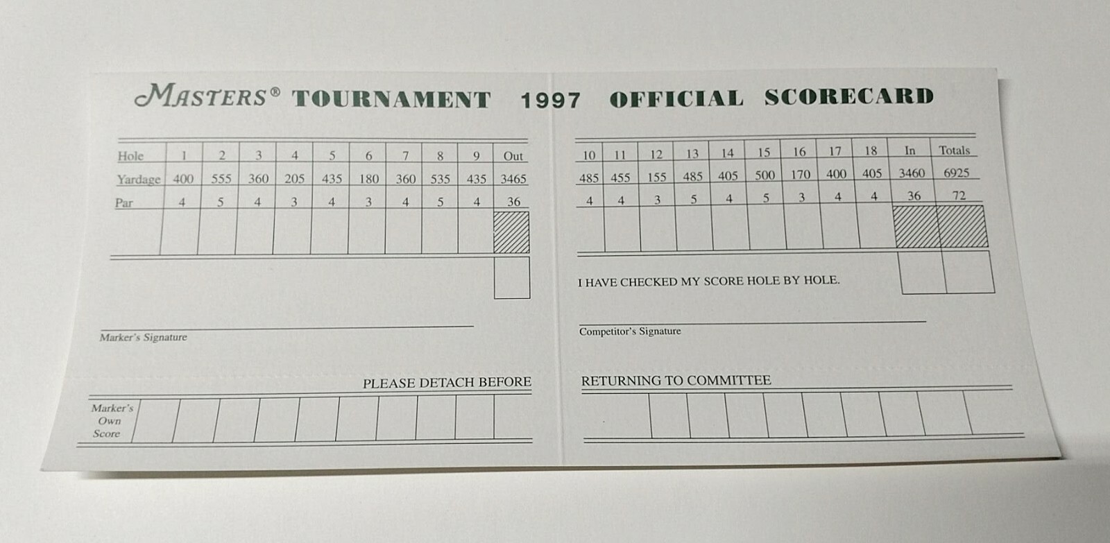1997 MASTERS OFFICIAL SCORECARD Tiger Woods First Major Augusta ...