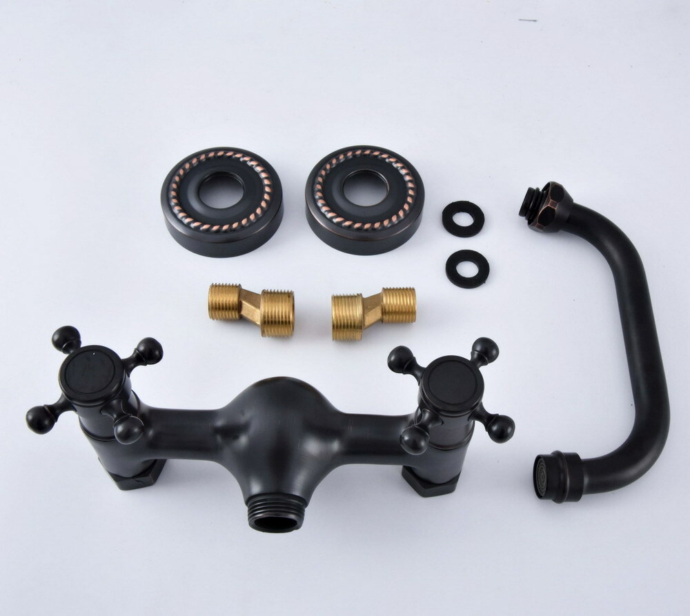 Oil Rubbed Bronze Double Cross Handle Bathroom Wall Mounted Basin Sink ...