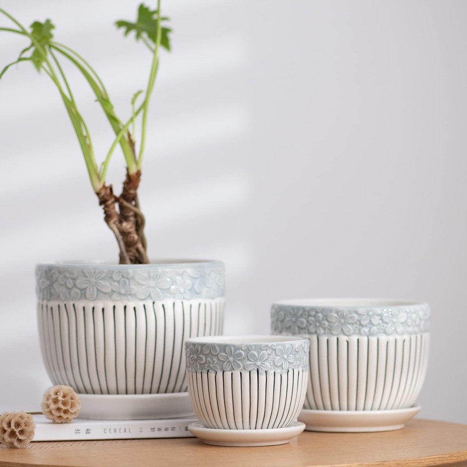 Grey Flower Pots,Texture Planter for Indoor Plants Set of 3 Ceramic ...