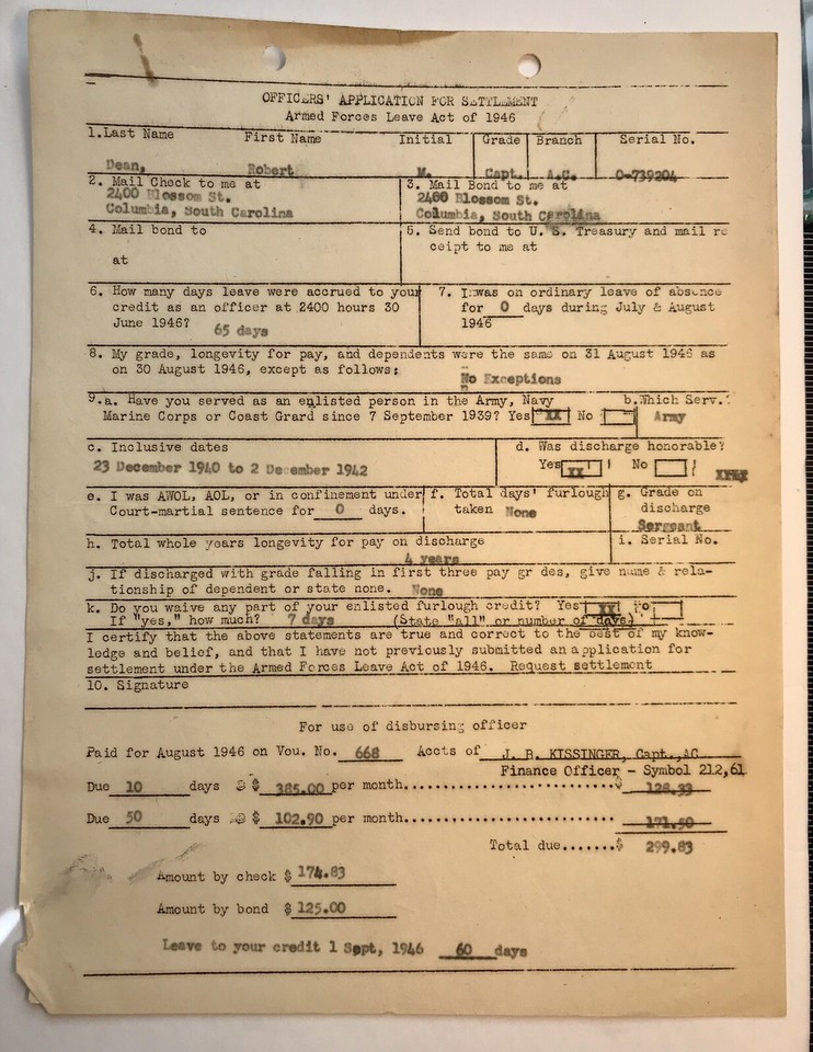 WWII Officers App Settlement Document USAF Pilot Armed Forces Leave Act ...