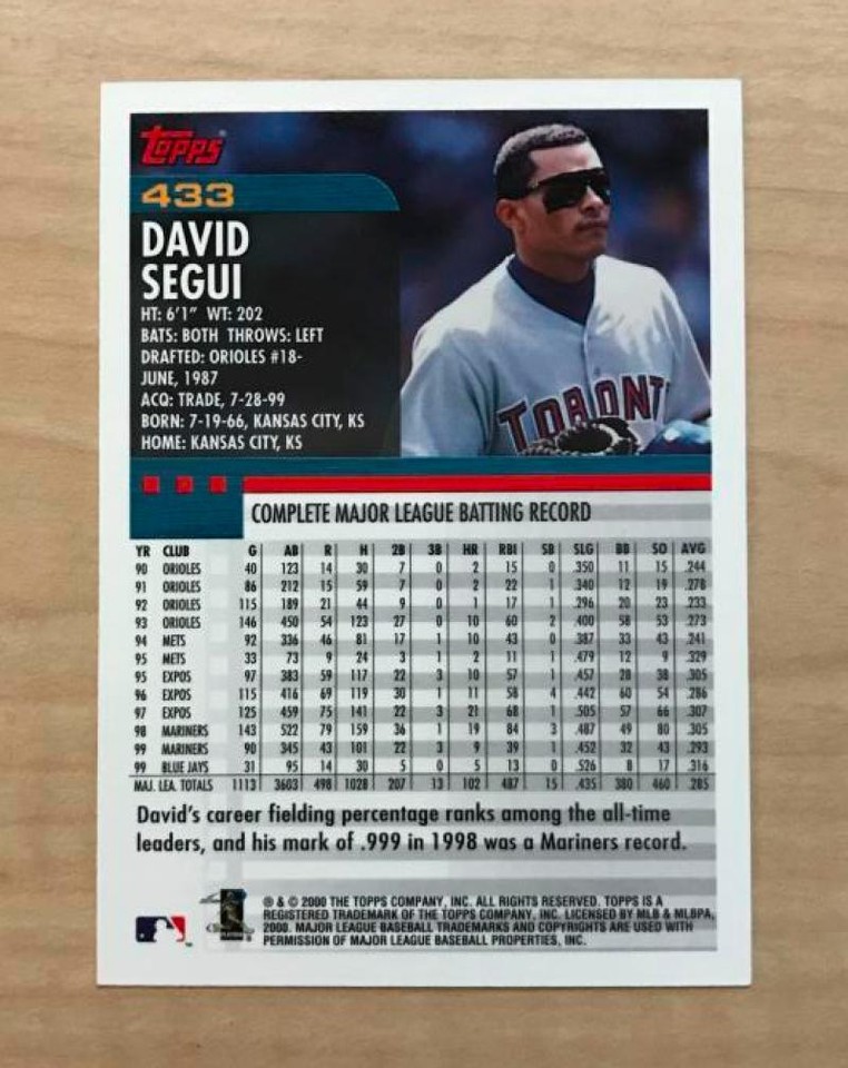 DAVID SEGUI TORONTO BLUE JAYS SIGNED AUTOGRAPHED 2000 TOPPS CARD #433 W ...