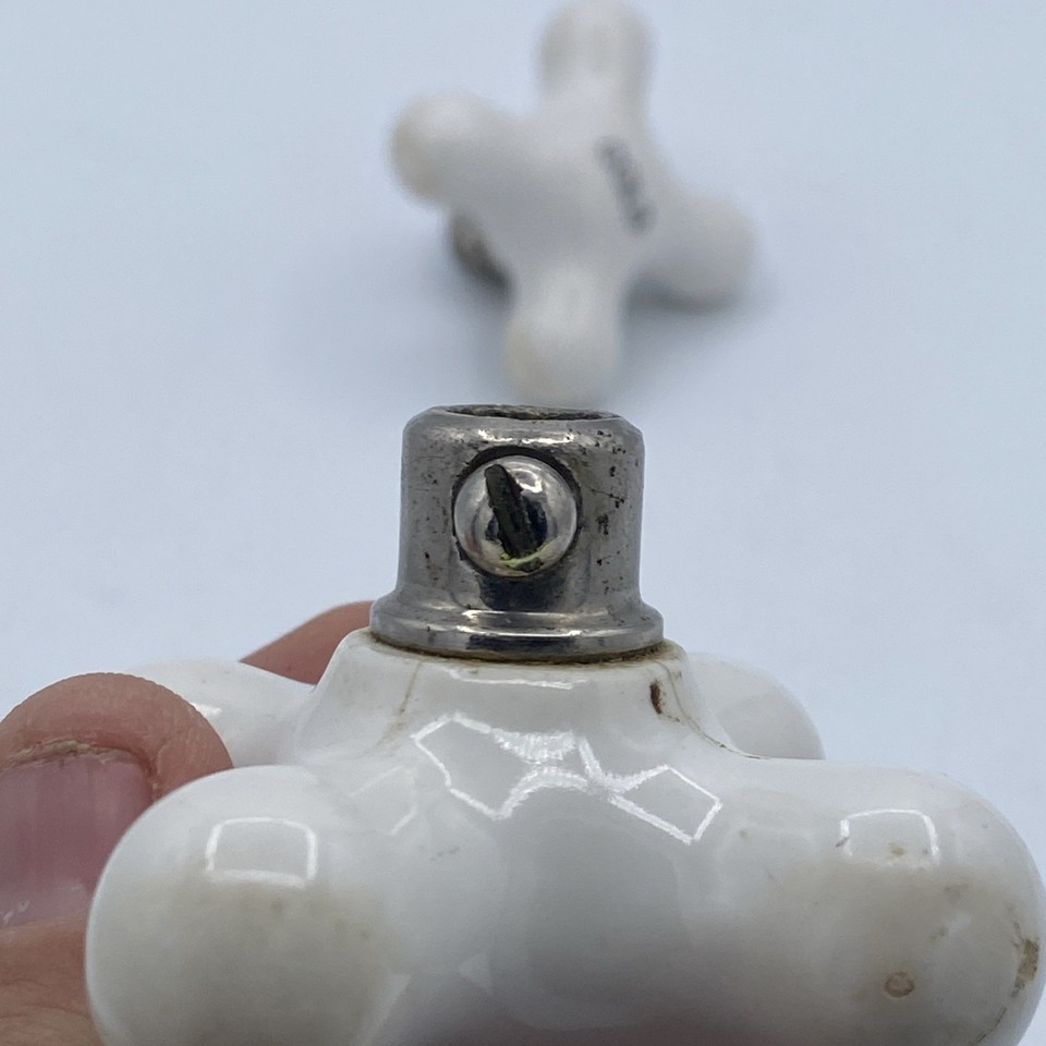 Vintage Porcelain Hot Cold Cross Sink Knobs Faucet Handles w/ Brass ...