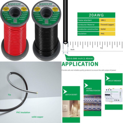 BINNEKER 20 Gauge PVC 1007 Solid Electric Wire Red 2 Colors Each 100ft, Black | eBay