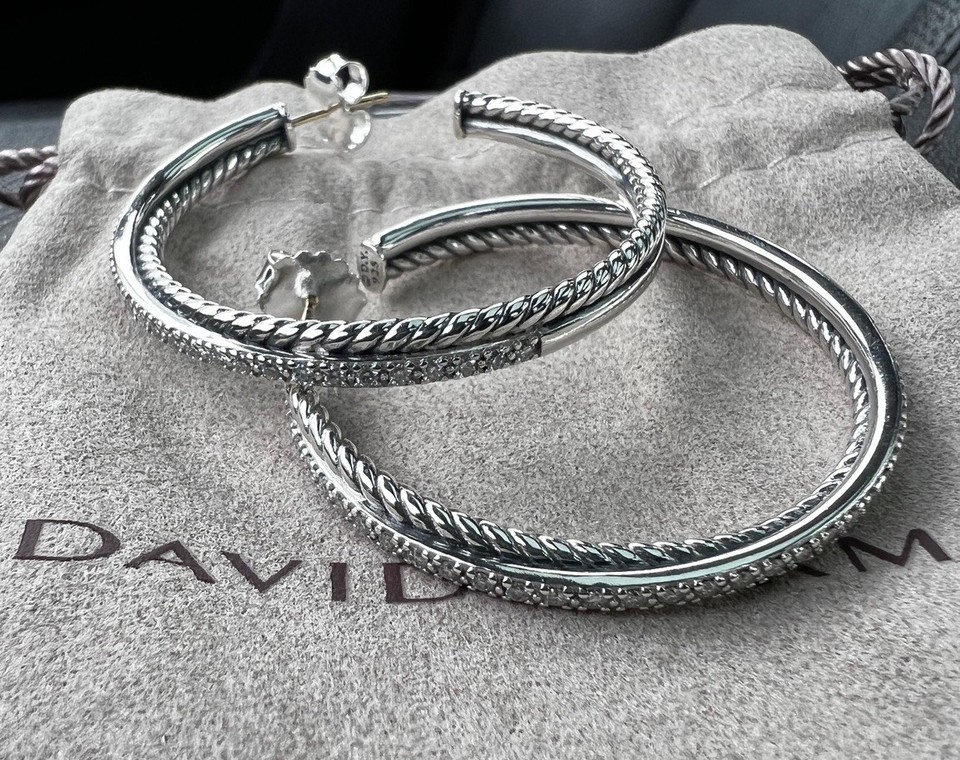 David.Yurman Sterling Silver 44mm XL Large CROSSOVER Pave DIAMONDS Hoop ...