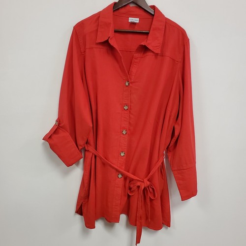 Cabin Creek Womens Linen Button Up Tunic Top Size 3X Red Belted Coastal ...