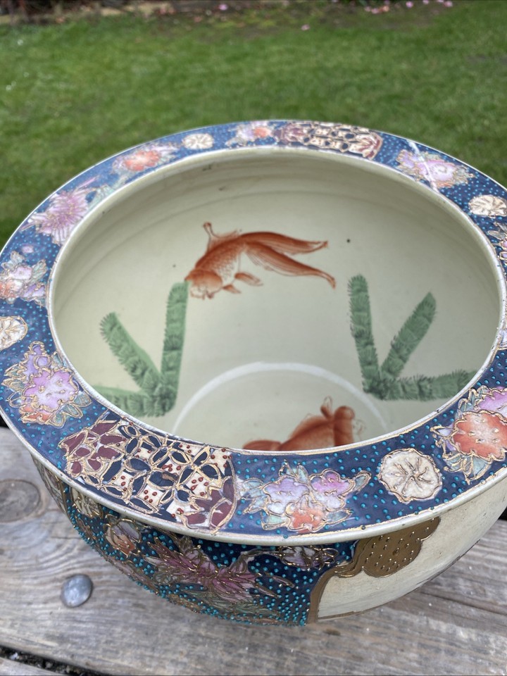 Oriental Chinese Mid-Century satsuma Large Fish Bowl Planter Plant Pot ...