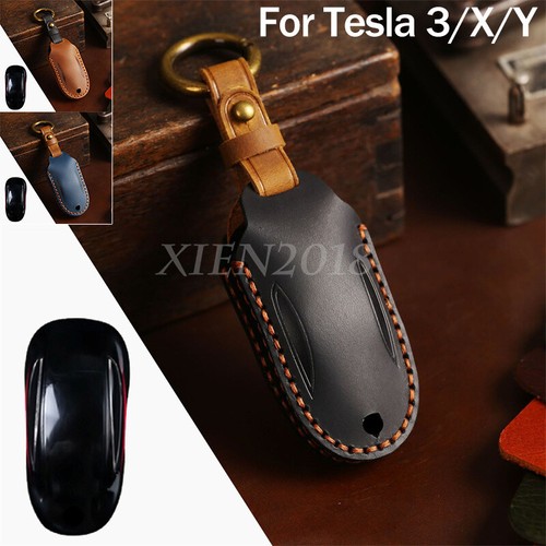 Leather Car Key Cover Case Bag Protector Keychain For Tesla Model 3 / X ...
