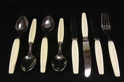 8 Pieces Vintage White/Cream Plastic Handle Flatware Stainless USA | eBay