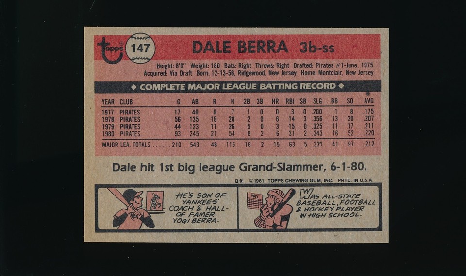 1981 Topps #147 Dale Berra * 3B-SS * Pittsburgh Pirates * EX/EX-MT * | eBay