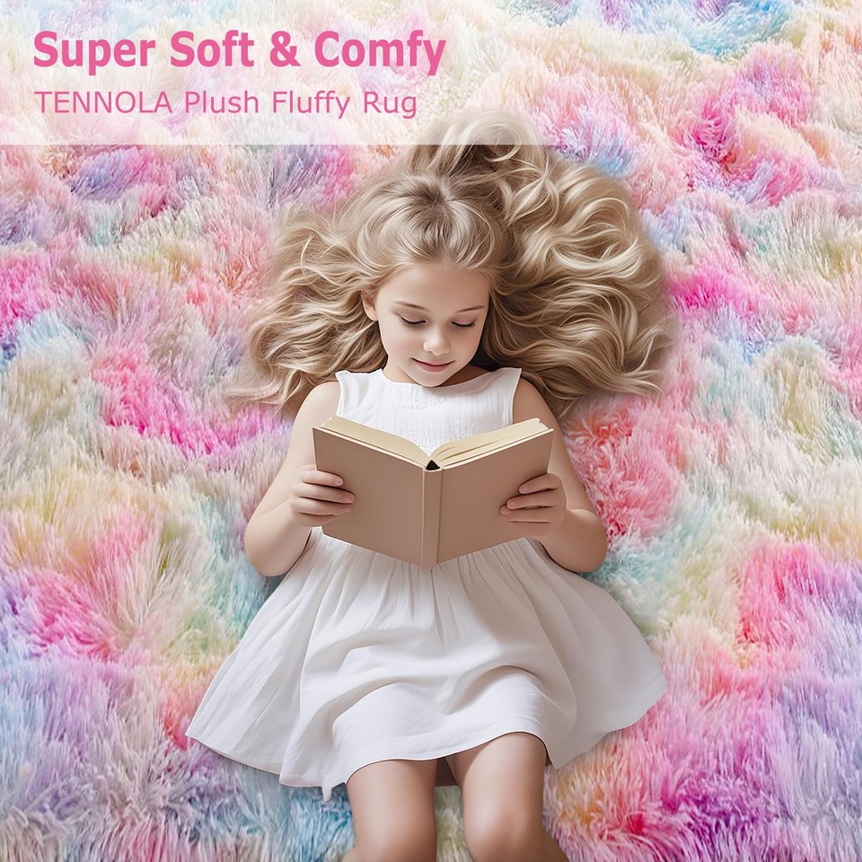 Soft Fluffy Area Rug 8x10 Plush Rainbow Rugs for Girls Bedroom Shaggy ...