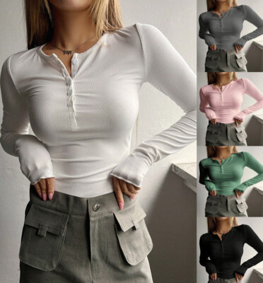 Ladies Stretch Tops Blouse Button V-neck Slim Fit Long Sleeve T-shirt ...