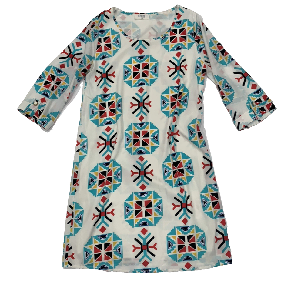 Aztec Southwest Print 3/4Cuff Sleeve Lined Shift Dress Peach Love ...