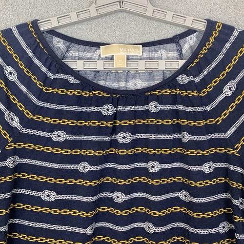 Michael Kors Blouse Women's M Blue Gold Nautical Rope Chain Print 3/4 ...