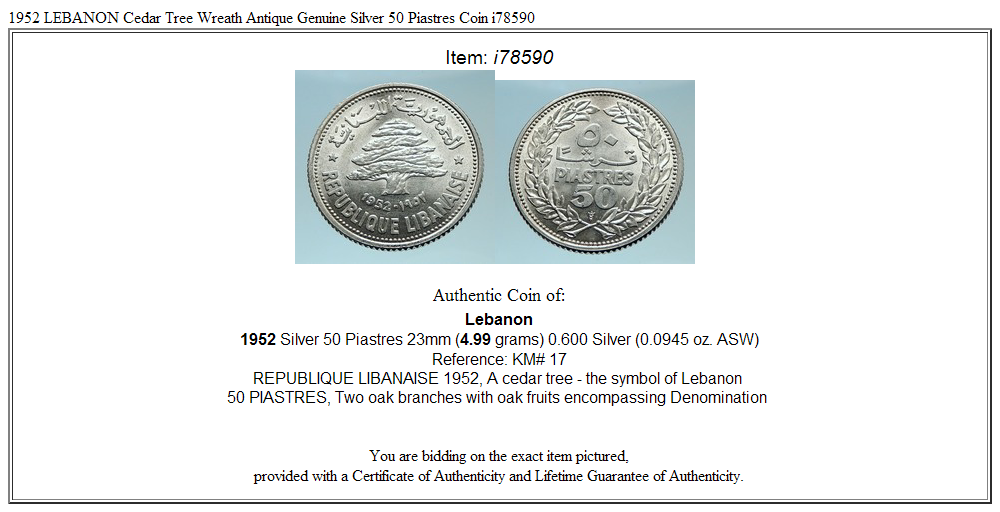 1952 LEBANON Cedar Tree Wreath Antique Genuine Silver 50 Piastres Coin ...
