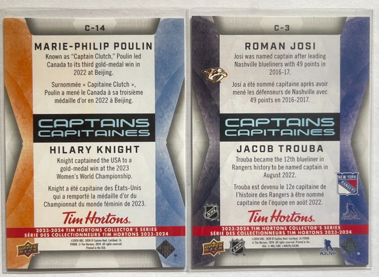 2023-24 TIM HORTONS GREATEST DUOS Poulin/Knight CAPTAINS INSERT # C-14 ...