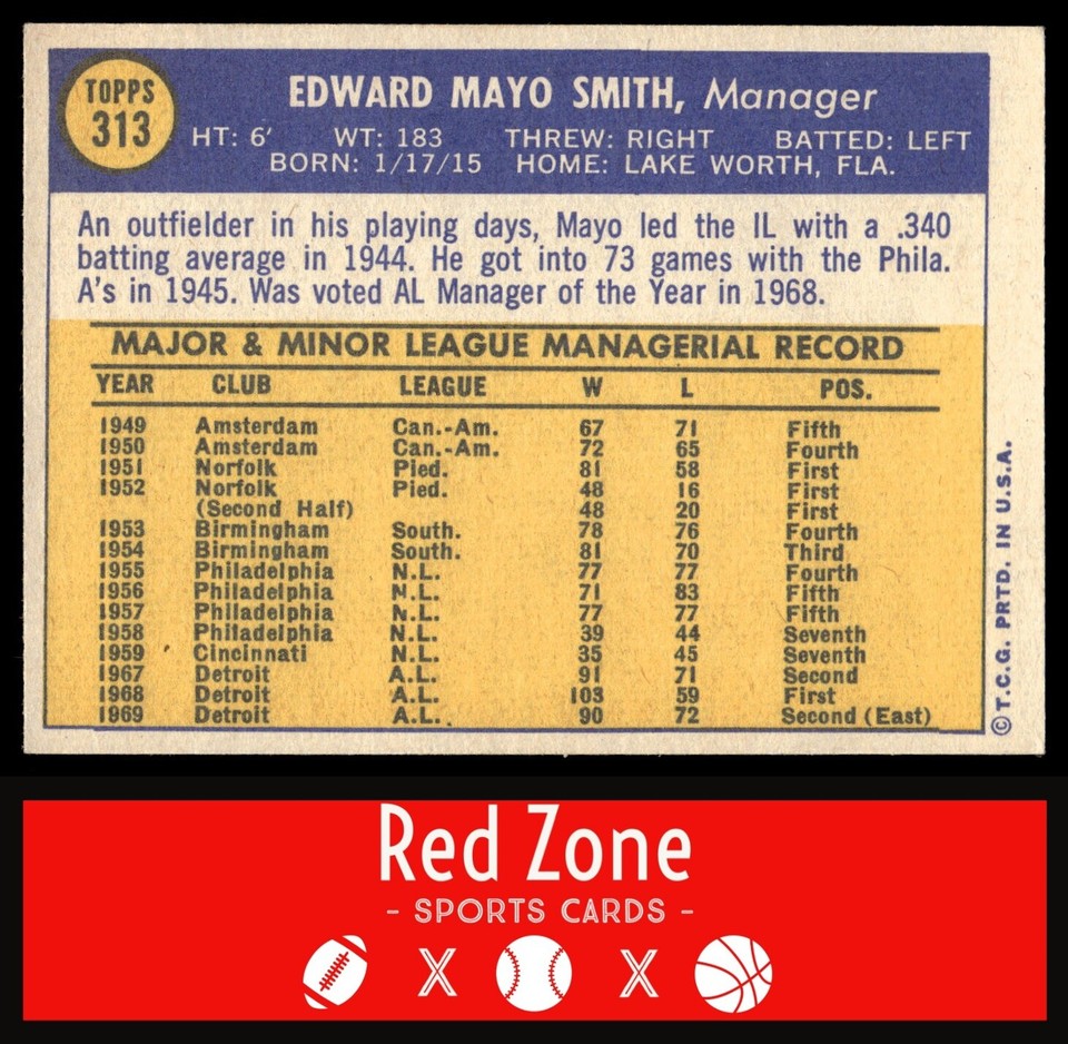 1970 Topps - #313 Mayo Smith EX+ | eBay