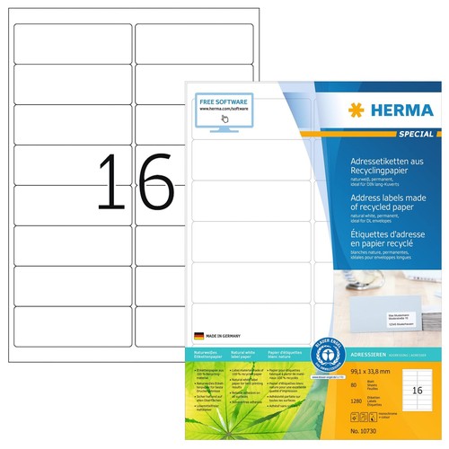HERMA 10730 Recycled Labels DIN A4 (99.1 x 33.8 mm, 80 Sheets, Recycled ...