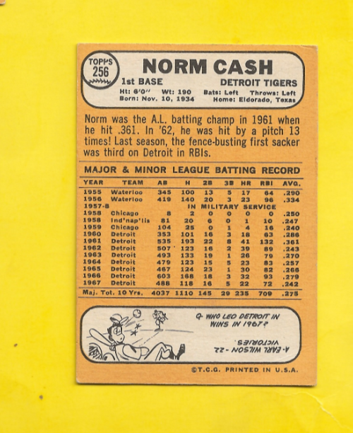1968 Topps Norm Cash #256 Detroit Tigers G/VG FREE SHIPPING | eBay