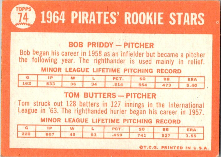 1964 Topps #74 Pirates 1964 Rookie Stars (Bob Priddy / Tom Butters) | eBay