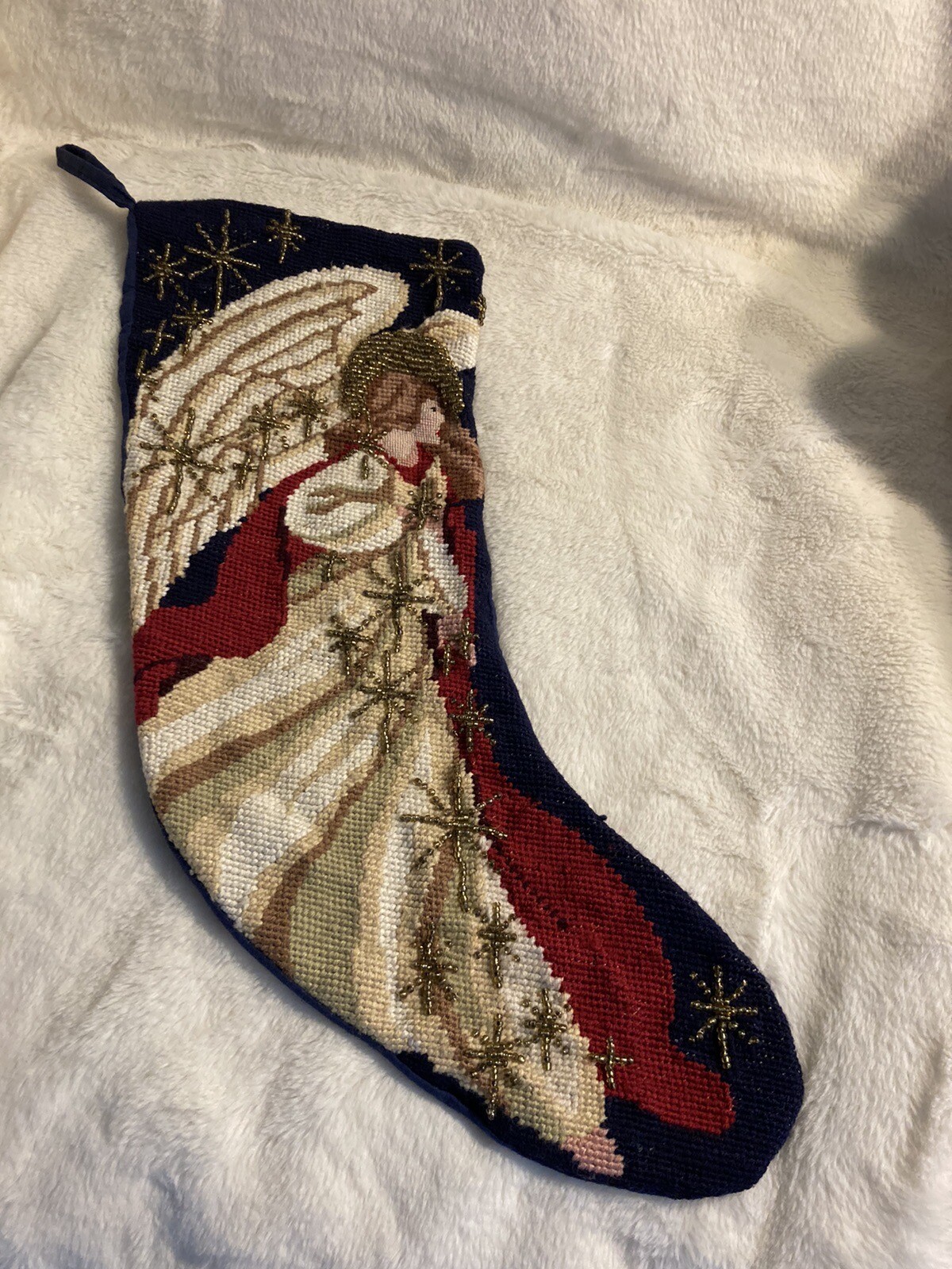 Vintage 19” Needlepoint Angel Stocking Christmas Holiday Needlepoint W ...