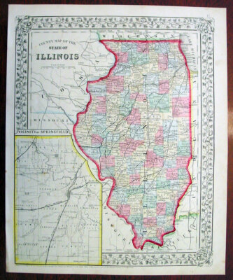 1869 Samuel Mitchell Antique Map of American The State of Illinois ...
