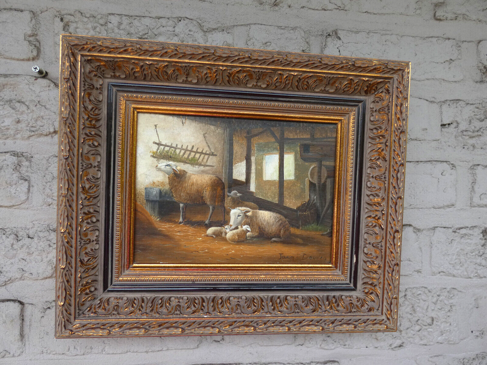 Vintage 1970 oil panel sheep stable farm painting signed | eBay