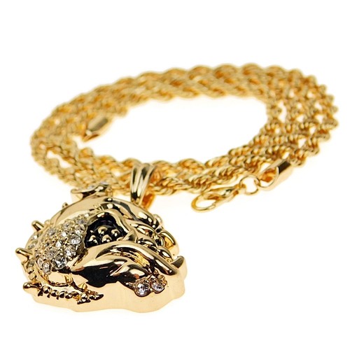14K Gold Plated Bulldog Necklace Iced Dog Pendant CZ Rope Chain ...