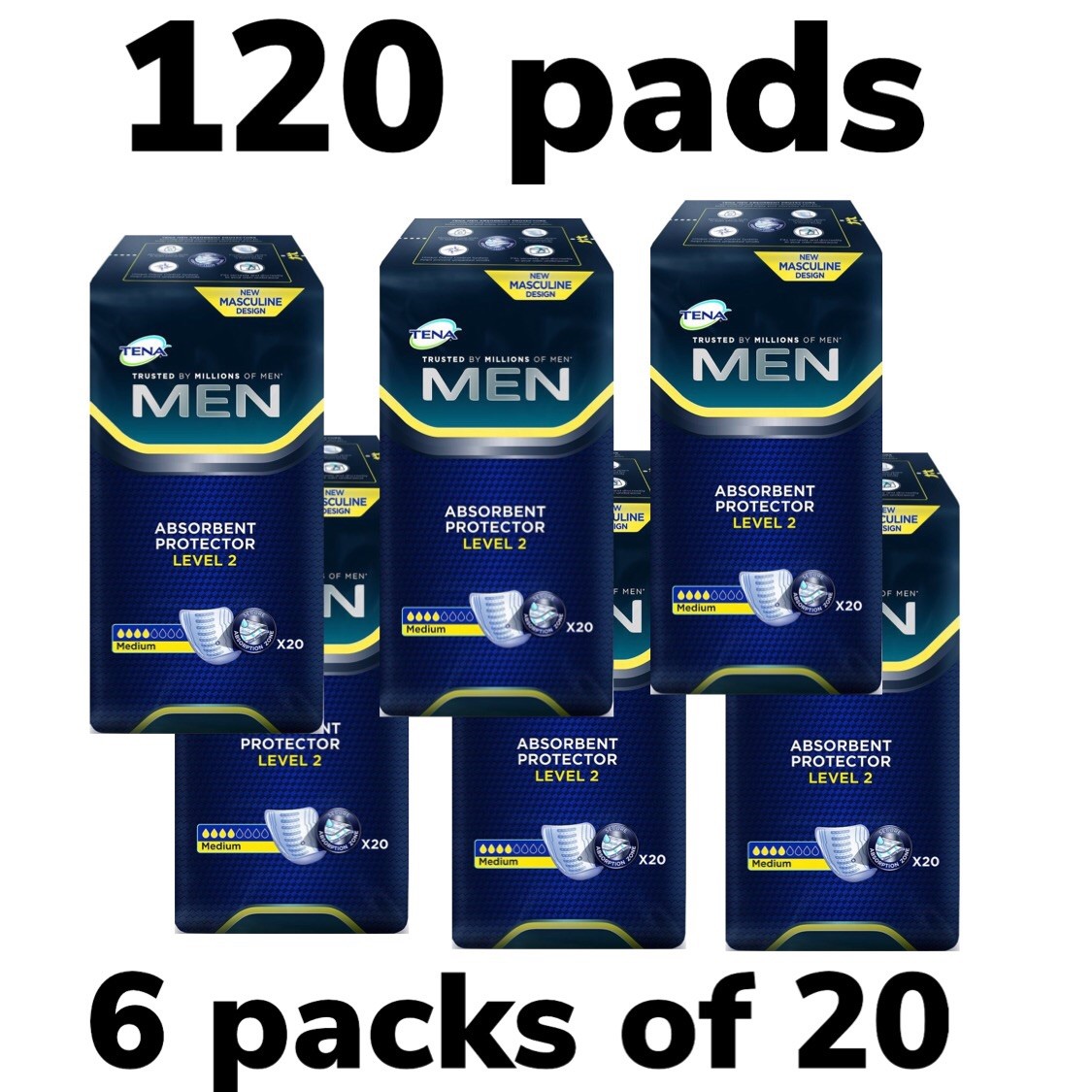 Tena Men Level 2 Absorbent Protector 6 Packs of 20 Incontinence Pads ...