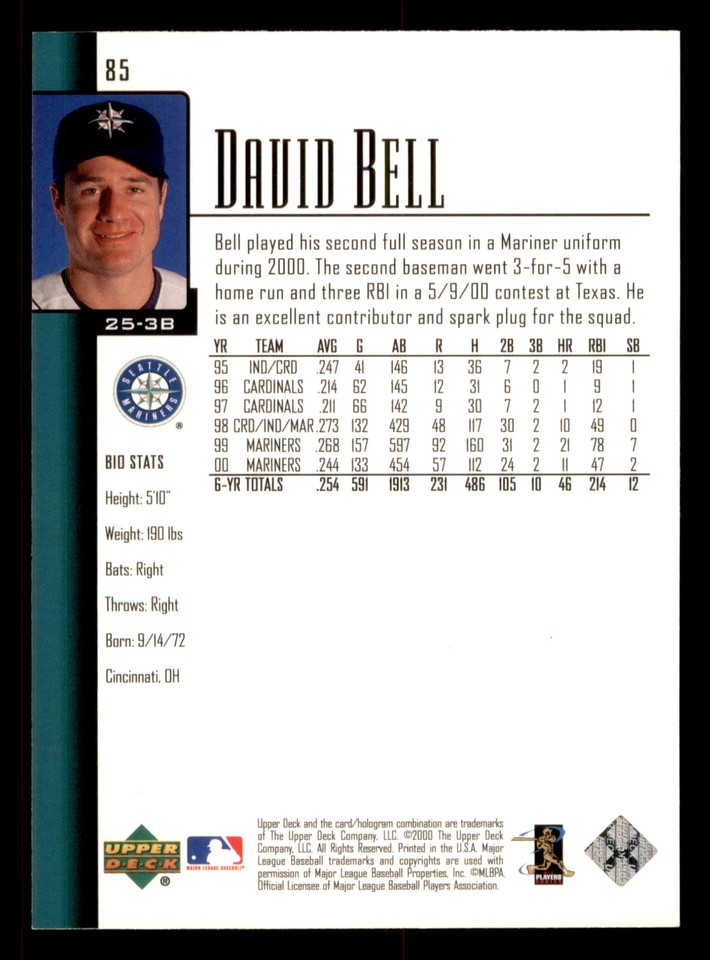 2001 Upper Deck David Bell #85 Seattle Mariners | eBay