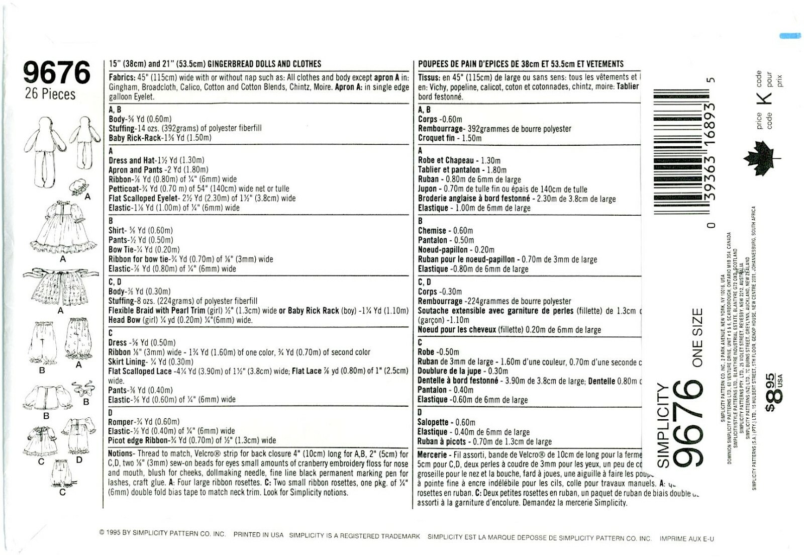 Simplicity 9676 Gingerbread Dolls & Clothes 15, 21 inch pattern Zanten ...