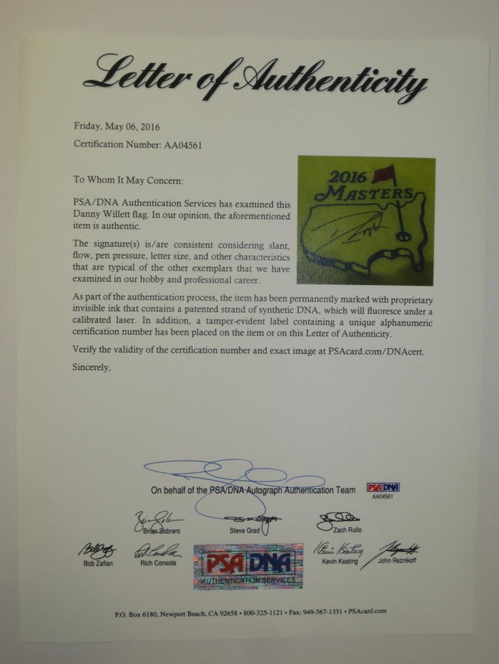 DANNY WILLETT SIGNED 2016 MASTERS FLAG EXACT PROOF AUTHENTIC AUTOGRAPH ...