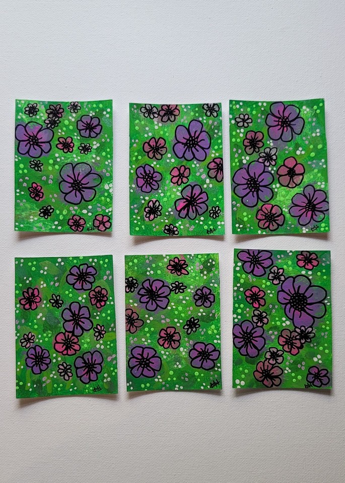 ACEO Original, Doodle Flower Garden #1 #6 of 6 , Art Card Painting ...