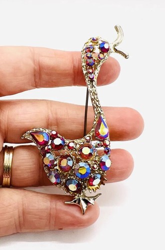 Tall Pink AB Rhinestone Figural Goose Brooch 3 1/4 Inch Vintage Jewelry ...
