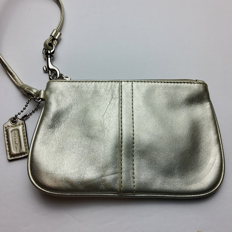 Coach Leather Metallic Silver Wristlet Wallet Pouch Clutch | eBay