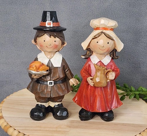 Thanksgiving Fall Pilgrim Couple Boy Girl Figurine Resin Tabletop Home ...