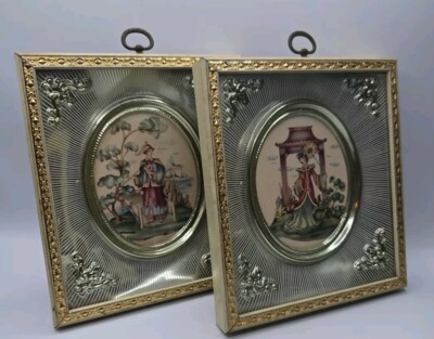 1900s Lithograph Japanese Geisha/Boy • S/2 Reflective Interior 8"H ...