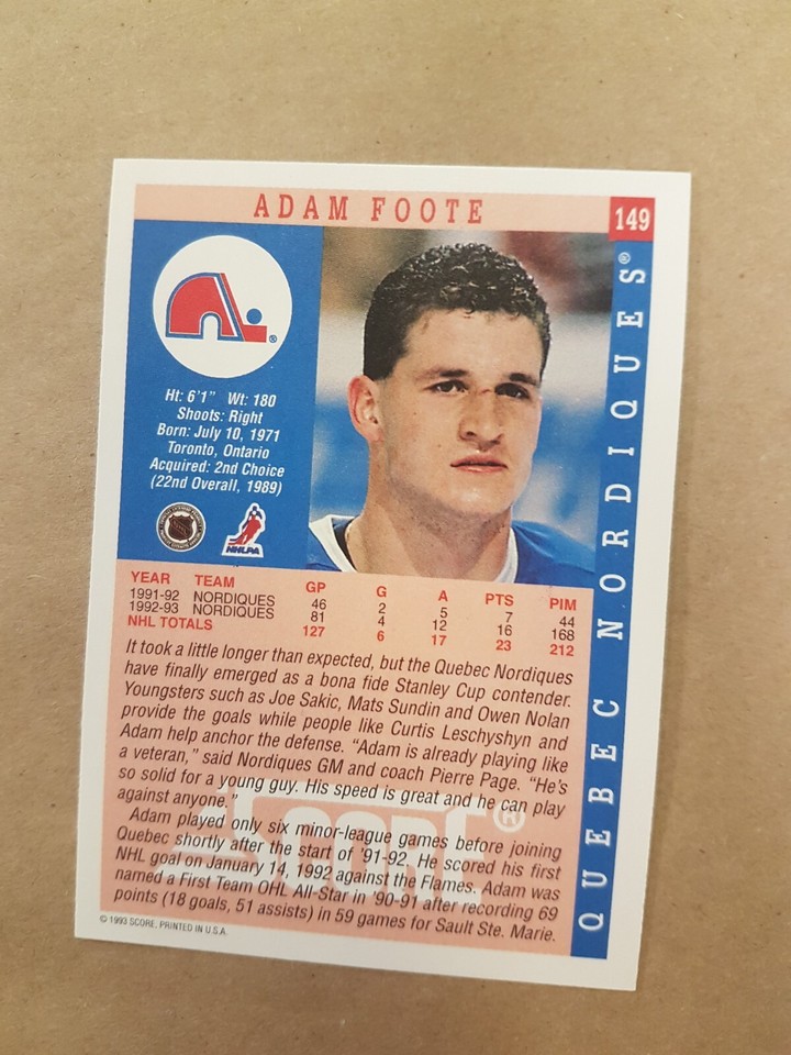 Adam Foote Autograph Card Signed Hockey Score 149 1993 | eBay